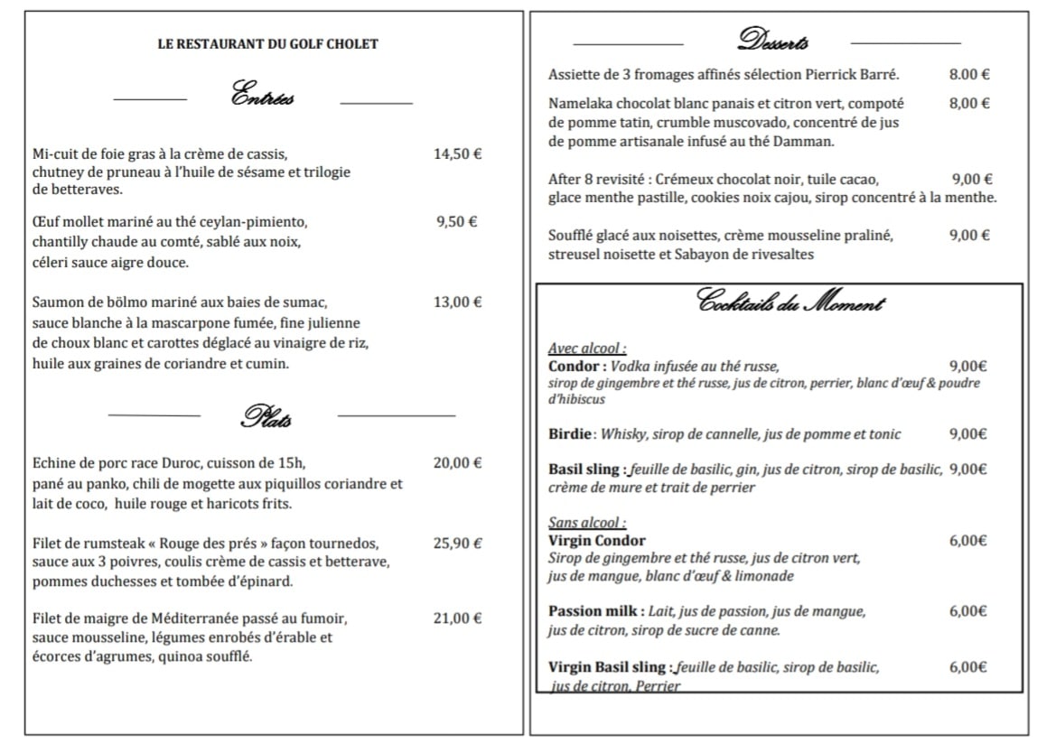Menus du restaurant - Restaurant le Golf