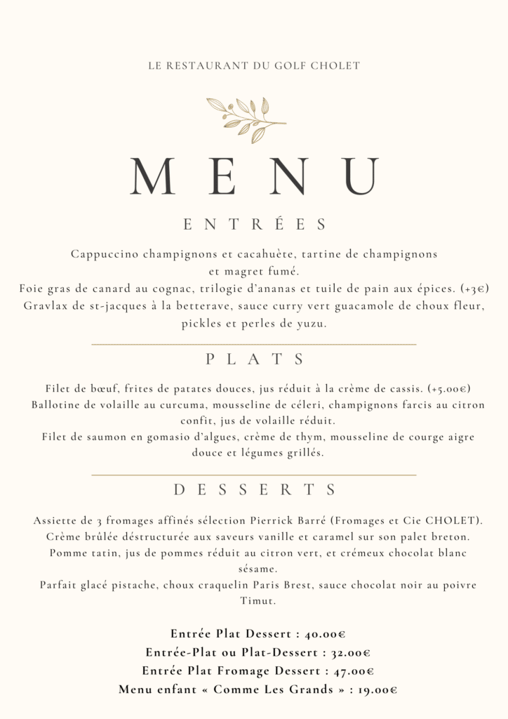 Menus du restaurant - Restaurant le Golf