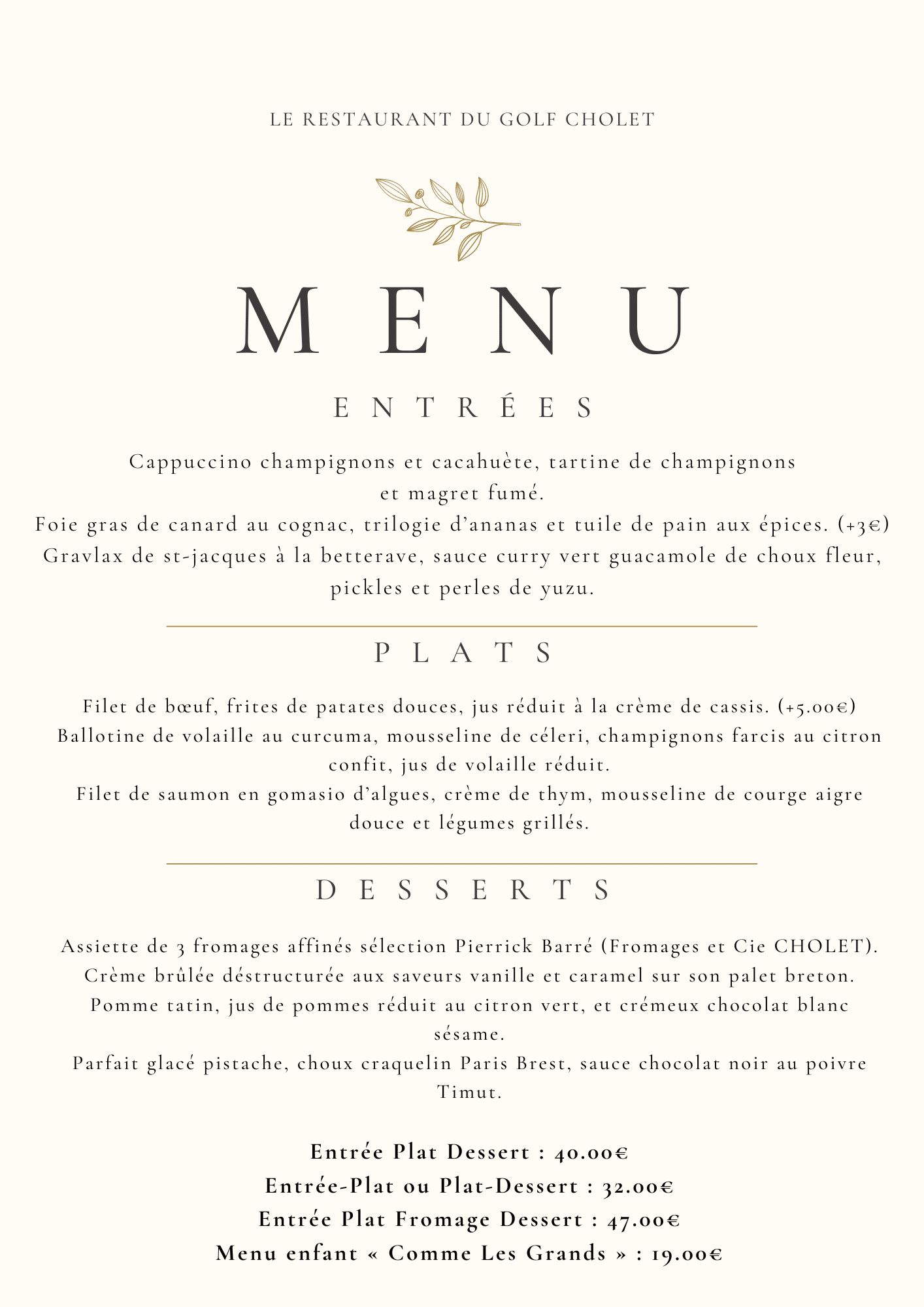 Menus du restaurant - Restaurant le Golf